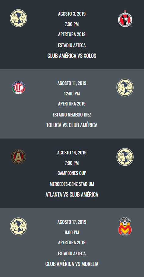 Calendario del América en Agosto - 2019 - America Y Ya
